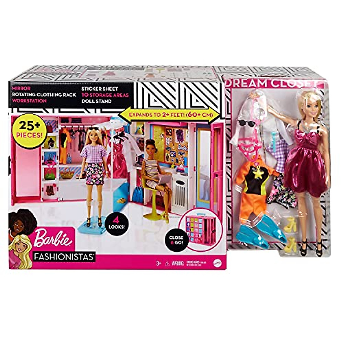 Barbie Dream Closet with Blonde Doll & 25+ Pieces, Toy Closet Expands to 2+ ft Wide & Features 10+ Storage Areas, Full-Length Mirror, Customizable Desk Space and Rotating Clothes Rack