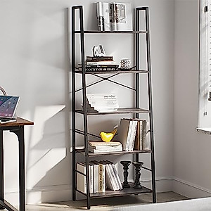 Yusong Bookshelf, Ladder Shelf 5-Tier Bookcase for Bedroom, Industrial Book Shelves Storage Rack with Metal Frame for Home Office, Gray