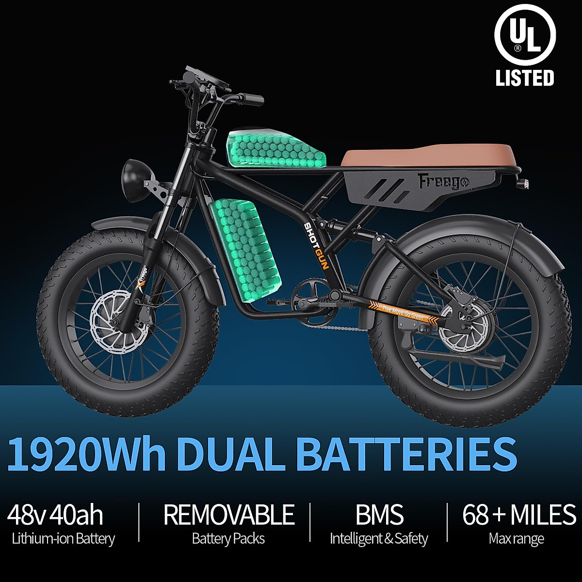 Freego Electric Bike for Adults, Dual Motor & Dual Battery, 2000W/48V/40Ah, 20"x4.0" Fat Tires Off Road Electric Bicycle with Removable Battery, 34MPH & 68 Miles Long Range E Bike UL Certified
