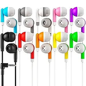 RedSkyPower 10 Pack Multi Color Kid's Wired Earbud Headphones, Individually Bagged, Disposable Earbuds Ideal for Students in Classroom Libraries Schools, Bulk Wholesale