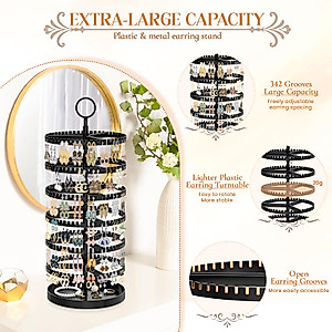 iDavosic.ly 6 Tier Rotating Earring Holder Organizer with Metal Tray, Adjustable Plastic Earring Display Stands Tree with 342 Grooves, Large Earring Storage Rack Tower for Hoop Dangle, Black
