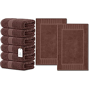 White Classic Luxury Hand Towels | 6 Pack and Product Image Luxury Bath Mat Floor | 2 Pack Bundle (Brown)