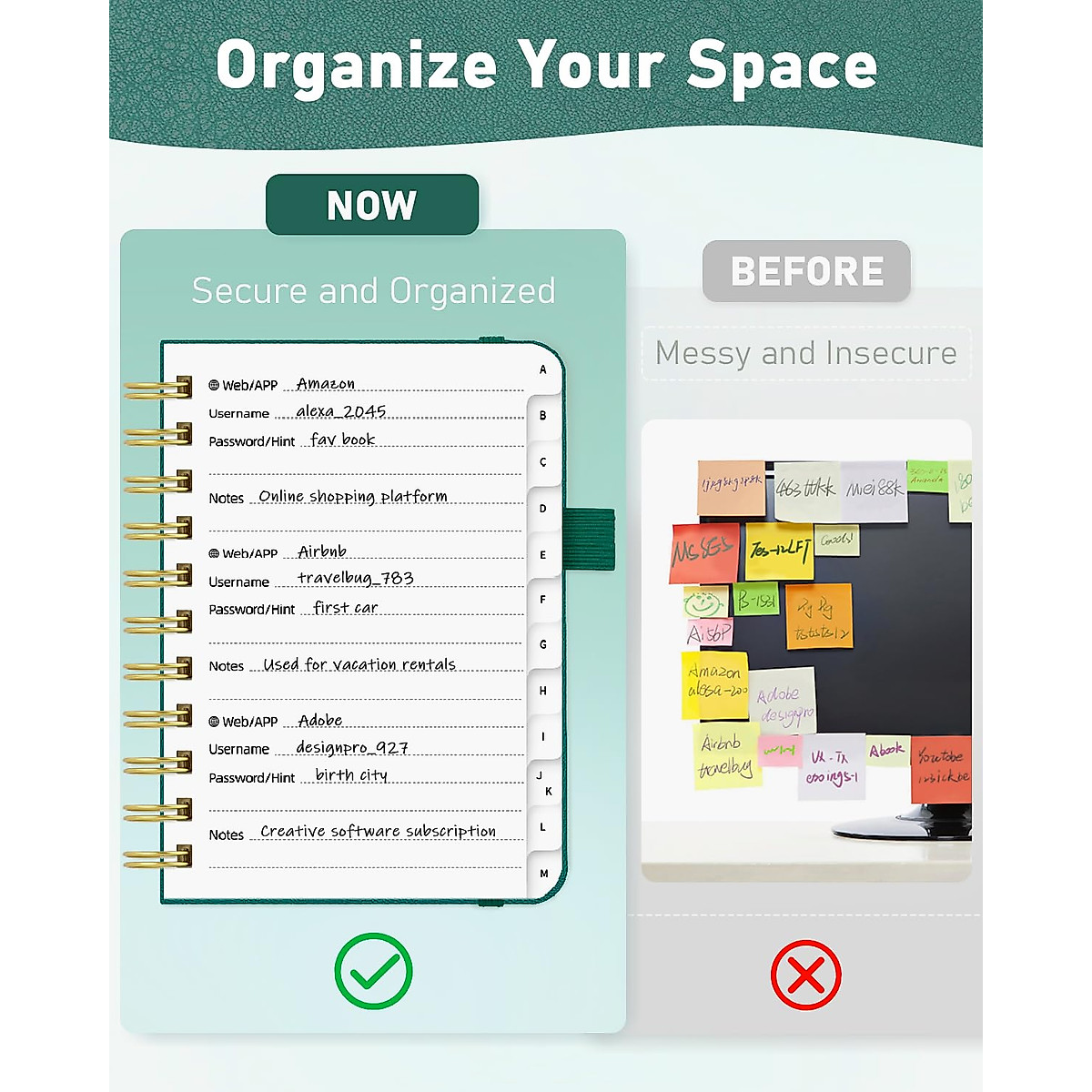 WEMATE Password Book with Alphabetical Tabs, Spiral Password Keeper Book for Seniors, Internet Password Notebook Password Journal Logbook Log in Detail, Small – 4.7''x 6'' (Teal)