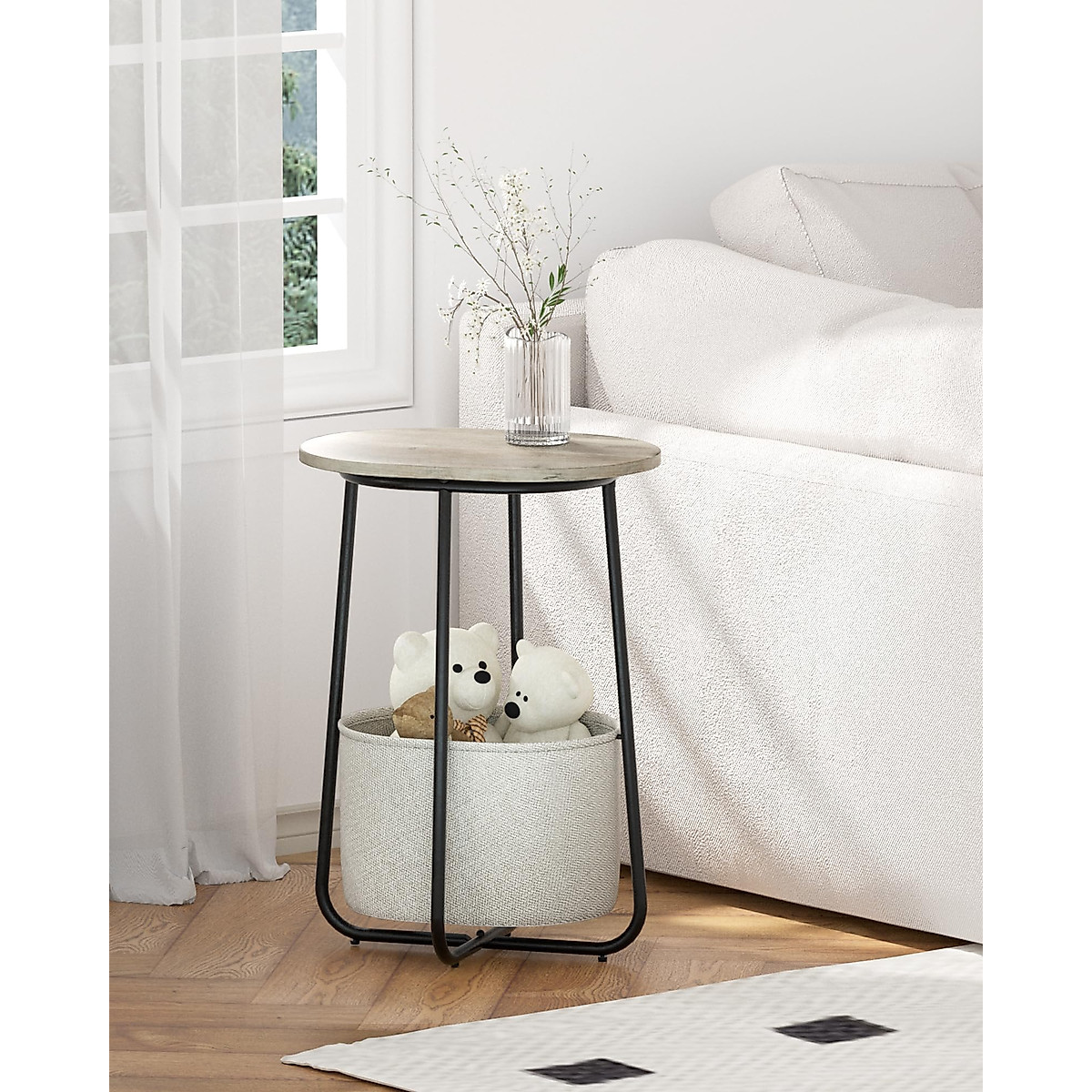 TUTOTAK Small Side Table, Oval End Table, Night Stand, Bedside Table, Sofa Table with Cloth Storage Basket, Living Room, Bed Room, Greige TB01BG063