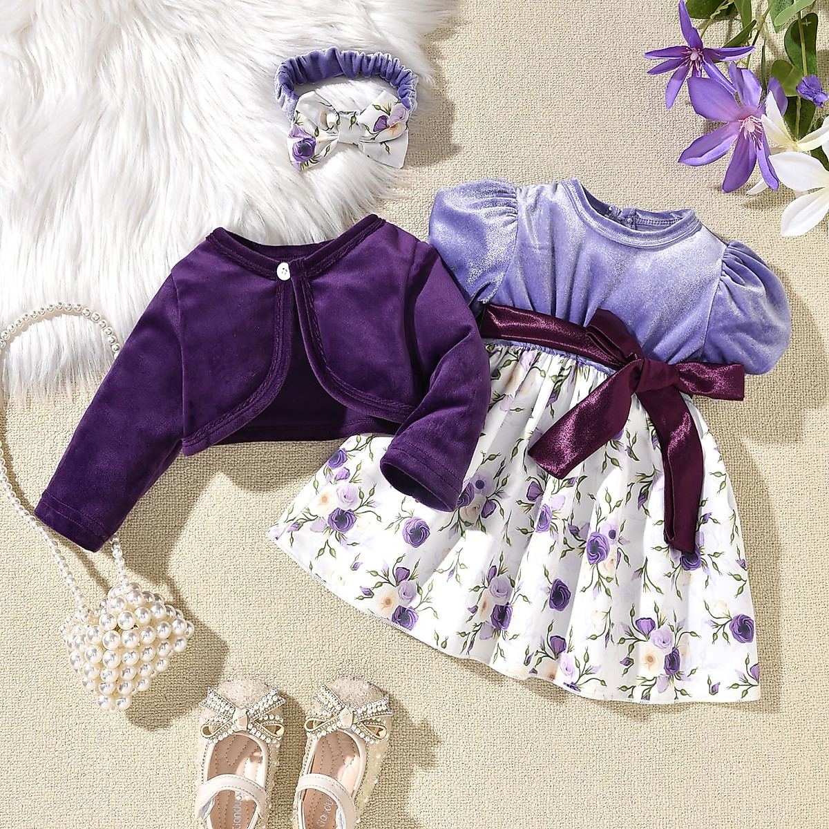 fioukiay 3-6 Months Baby Girls Dress and Velvet Cardigan Sets Infant Girls Casual Floral Print Fall Dresses Winter with Headband