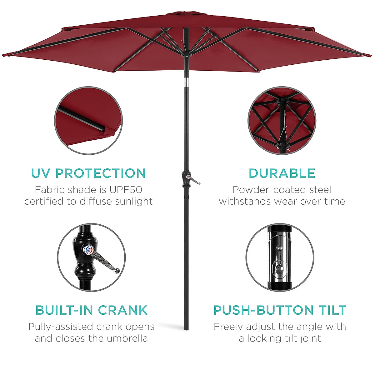 Best Choice Products 10ft Outdoor Steel Polyester Market Patio Umbrella w/Crank, Easy Push Button, Tilt, Table Compatible - Red