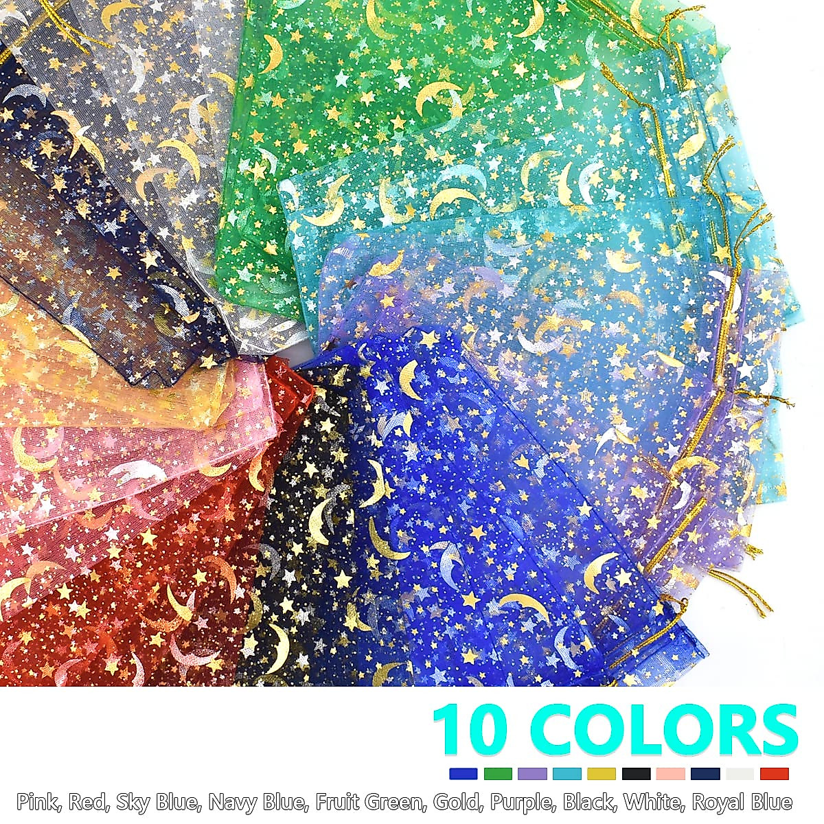 Renashed 100Pcs Moon Stars Sheer Organza Bags with Drawstring 10 Colors, Wedding Favor Bags Jewelry Gift Bags for Wedding Party Valentine's Day, Festival Organza Bags (5 * 7inch/ 13 * 18cm)