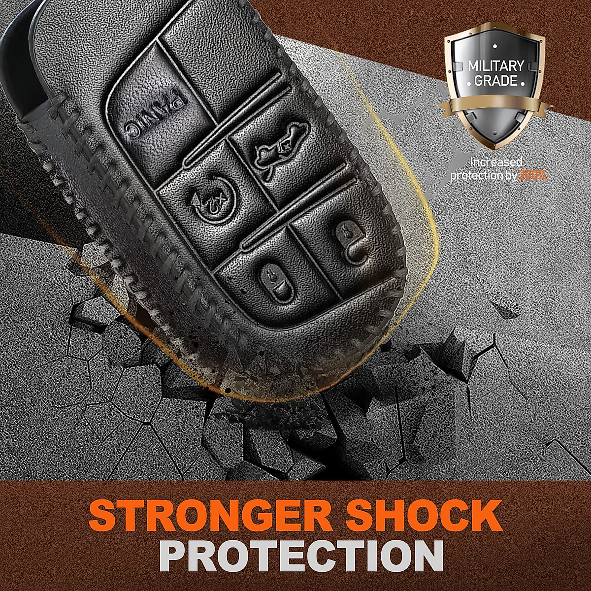 Slohif Leather Key Fob Cover Accessories for Jeep for Grand Cherokee Renegade Chrysler 200 300 Dodge RAM Durango Challenger Journey Dart Fiat 5 Buttons, Leather Case+D-Ring+Hook(Black)