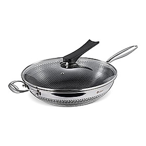 DELUXE Wok and Stir-Fry Pan, Nonstick Honeycomb Pan Kitchen Cookware with Lid, Induction Gas Stove, Suitable for Cooking, Saute, Skillet, Dishwasher and Oven Safe (12.6INCH 316 Stainless steel)