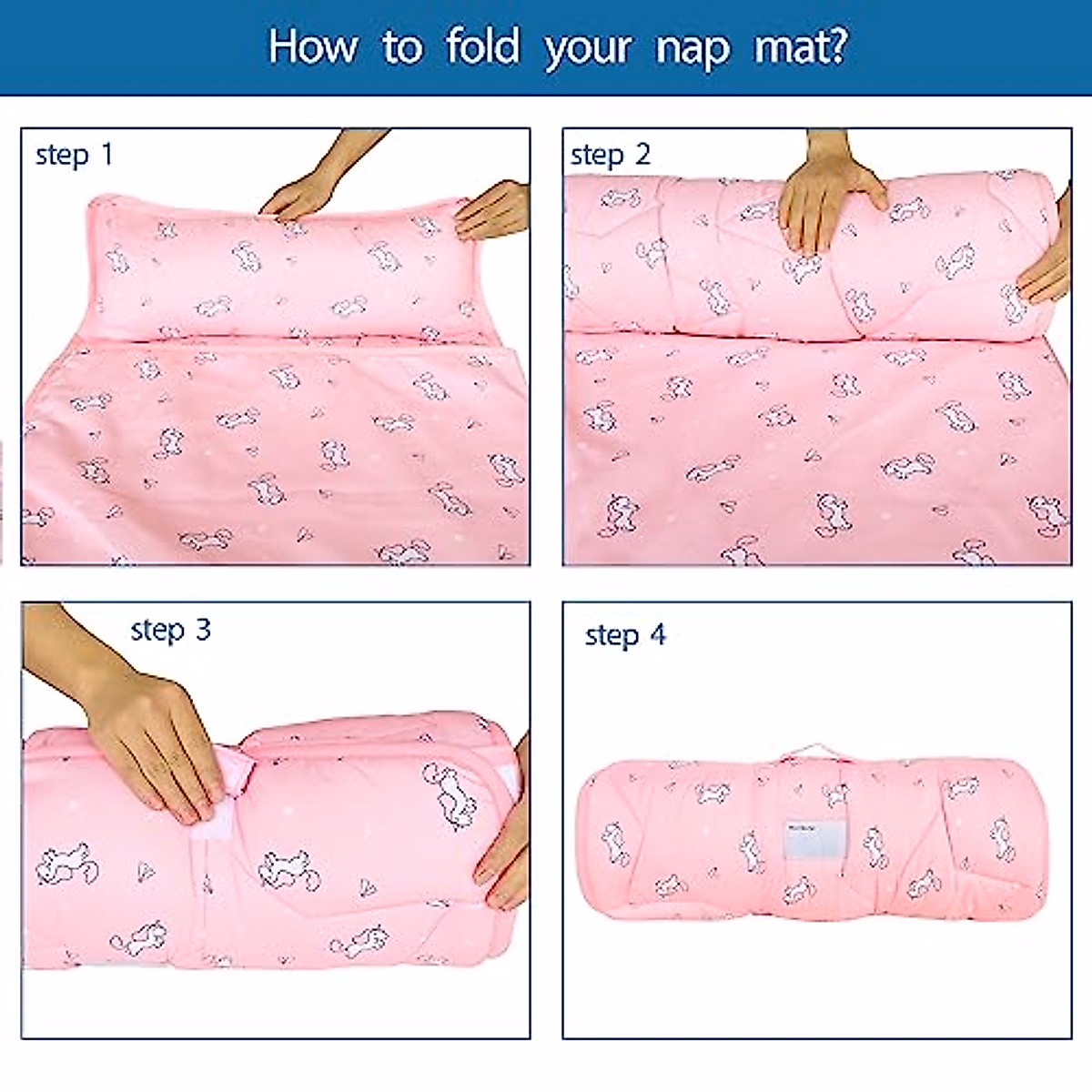 Toddler Nap Mat with Pillow and Blanket 50" x 21" x 1.5", Nap Mat for Boys Girls Super Soft and Cozy, Kids Sleeping Bag for Preschool, Daycare, Toddler Sleeping Bag, Pink Horse