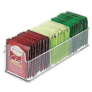 mDesign Plastic Condiment Organizer and Tea Bag Holder - 9" Long Kitchen Pantry/Countertop Storage Caddy - Divided Chip, Snack, Granola, Oatmeal Packet Holder - Lumiere Collection - 4 Pack - Clear