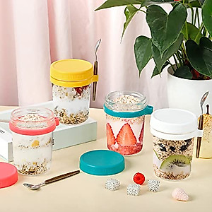 Korlon 4 Pack Overnight Oats Containers with Lids, 16oz Glass Food Oatmeal Container, Wide Mouth Overnight Oats Jars with Spoons for Cereal Yogurt Fruit Vegetable Milk