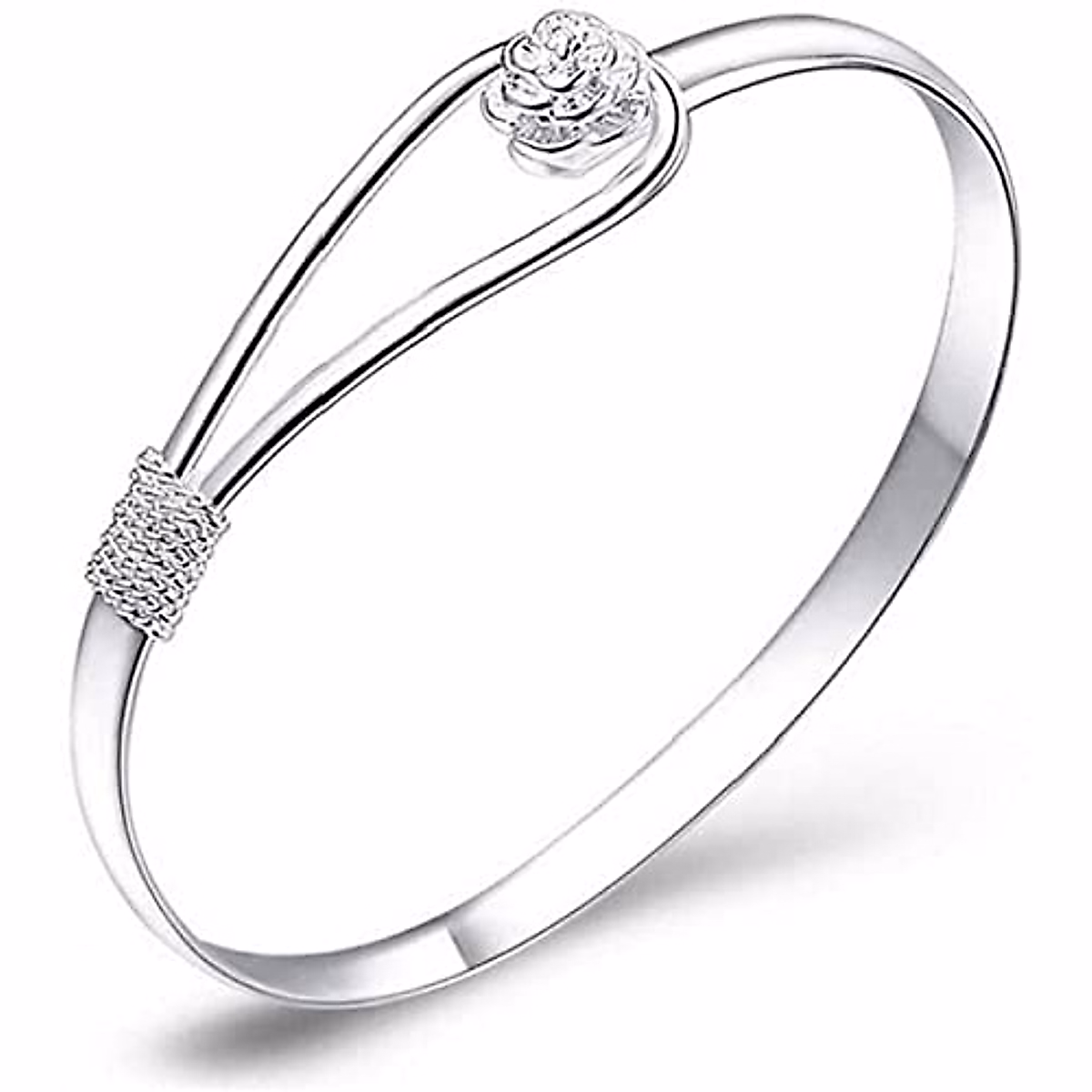 XIFAM Women's Rose Flower Bangle, Sterling Silver 925 Solid Bangle, Durable and Practical