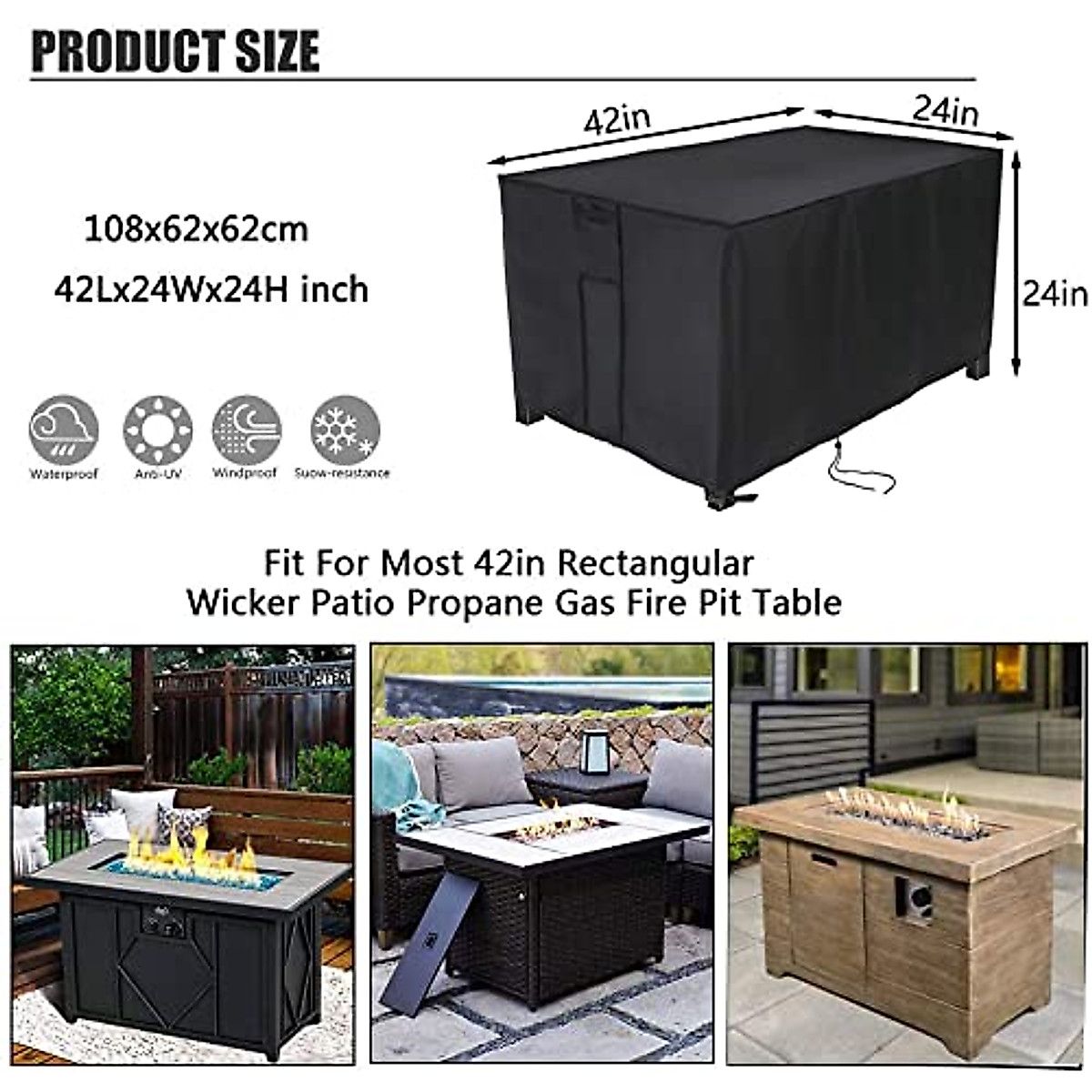 POMER Fire Pit Cover, Rectangular 42inch Firepit Cover for Outdoor Fireplace Waterproof Propane Fire Table Cover - 42x24x24inch
