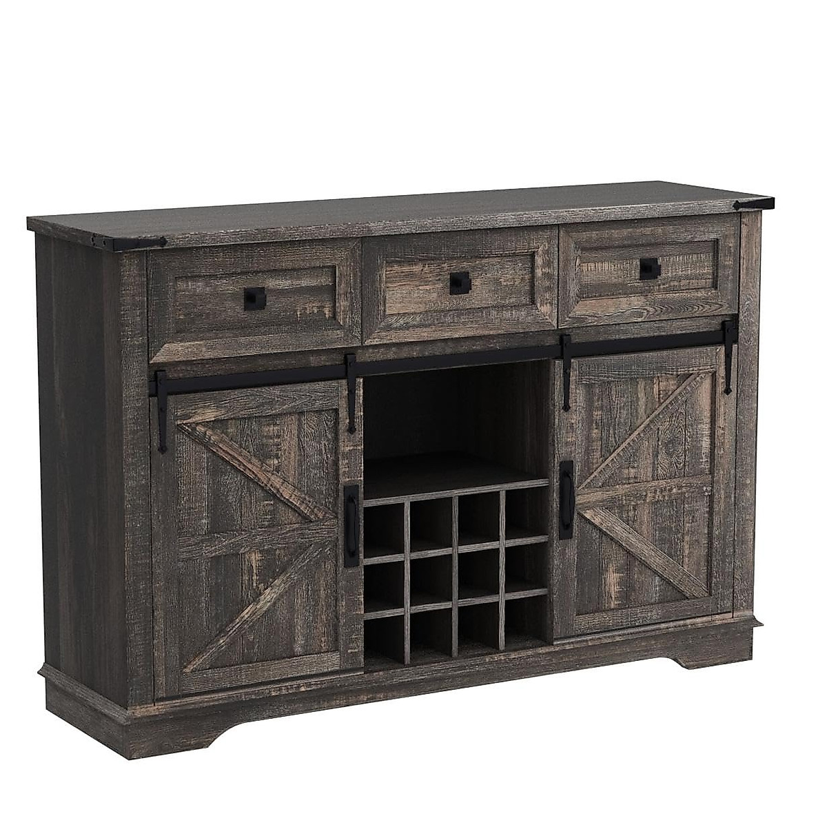 OKD Farmhouse Wine Bar Cabinet w/Sliding Barn Door, 54" Kitchen Coffee Bar Cabinet w/Wine & Glass Rack, Storage Shelves, 3 Drawers, Rustic Large Buffet Sideboard for Dining Room, Dark Rustic Oak