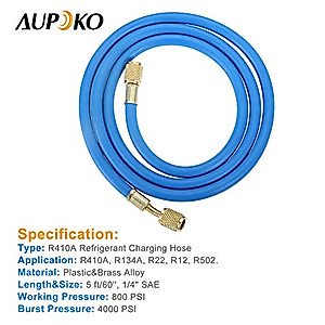 Aupoko R410A AC Refrigerant Charging Hoses, 60’’ R410A HVAC Charging Hose with 1/4’’ SAE Flare, with 800 PSI Working Pressure for R410A R22 R134A R12 R502 Air Condition System