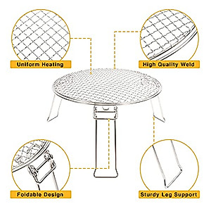 Lineslife Folding 13.4'' Round Campfire Grill Grate, Portable Stainless Steel Camp Fire Cooking Racks with Removable Net 3 Legs for Outdoor Camping Cooking Fire Pit, Silver