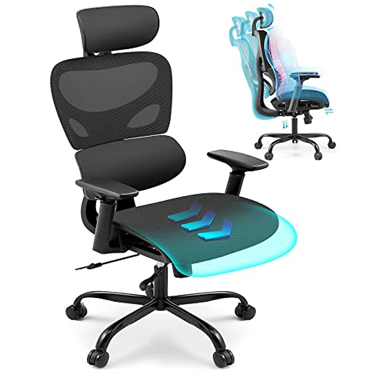 BNEHS Office Chair Ergonomic,Branch Mesh Chair for Heavy People with Slide Seat, Executive Desk Chair for Back Pain with Adjustable Headrest,Black