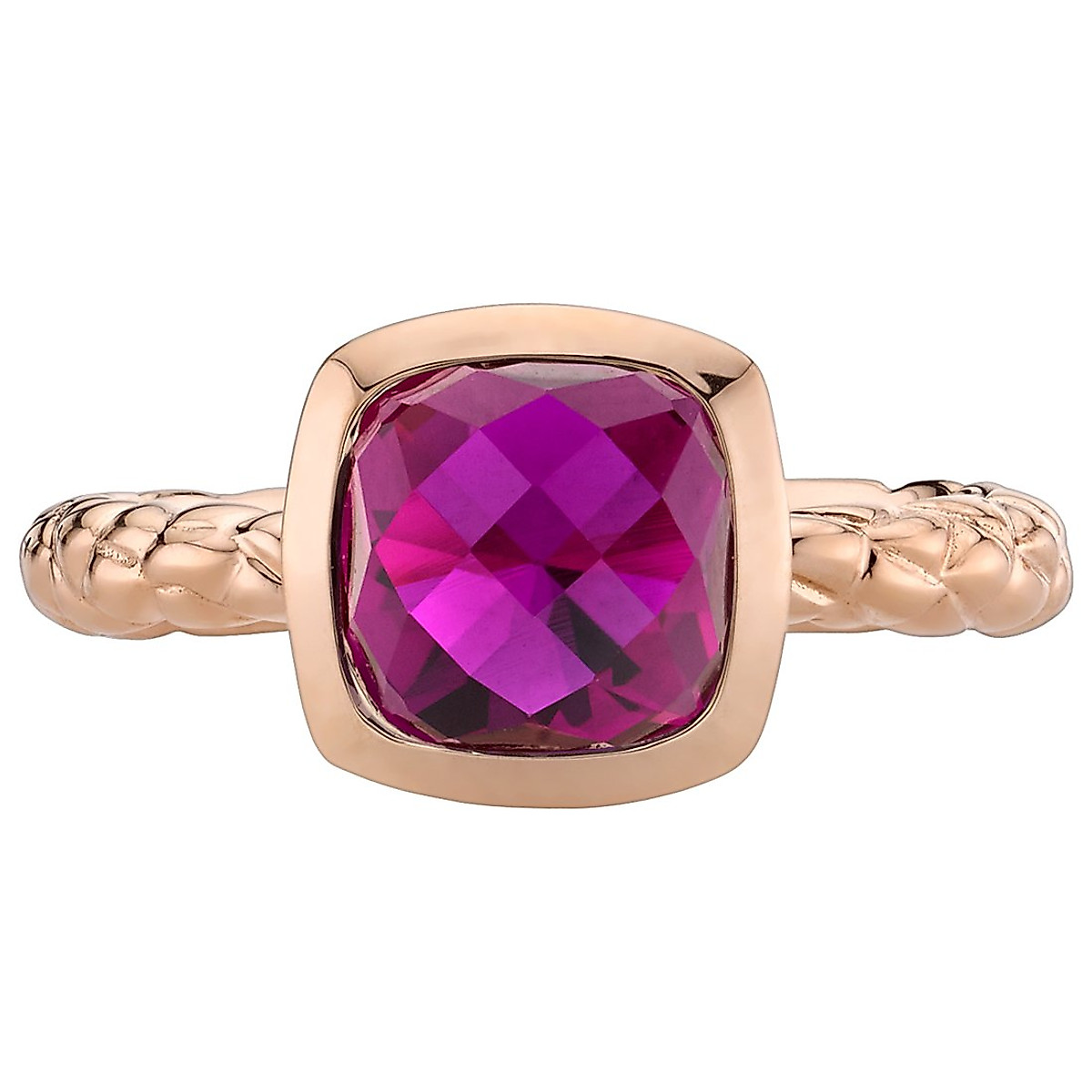 PEORA Created Ruby Solitaire Ring for Women 14K Rose Gold, 2.50 Carats Cushion Cut 7mm, Comfort Fit, Size 6
