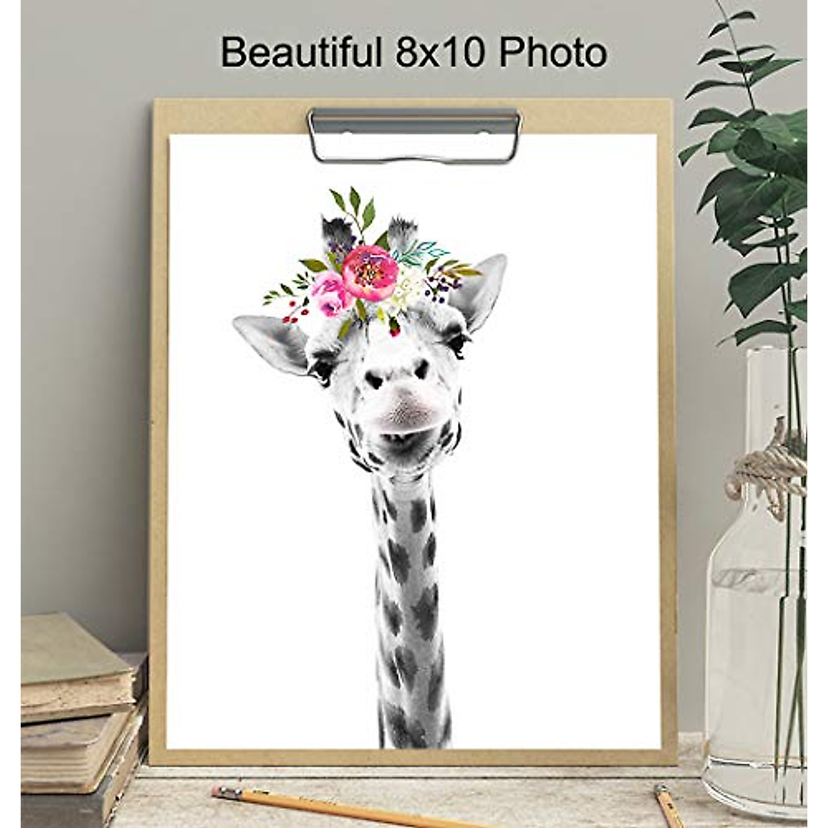 Baby Giraffe Wall Decor Print - Flower Crown Jungle Animals Wall Art Decoration for Girls Bedroom, Kids Room, Nursery - Cute Gift - Boho Shabby Chic Picture - 8x10 UNFRAMED Photo Poster
