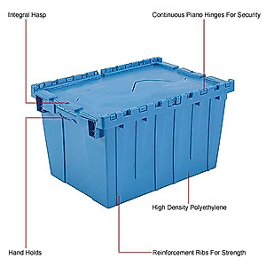 12 Gallon Heavy-Duty Flip Tote Storage Container (PACK OF 6) - Blue, Commercial Flip Top Tote, Industrial Plastic Storage Tote - 21 in. L x 15 in. W x 12in. H, Padlock & Metal Hinged Flip Cover
