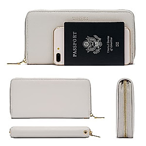WOZEAH Women's RFID Blocking PU Leather Zip Around Wallet Clutch Large Travel Purse (A creamy white)