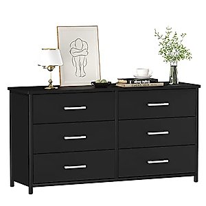 IKENO 6 Drawer Double Dresser, Industrial Wood Dresser for Bedroom, Sturdy Steel Frame…
