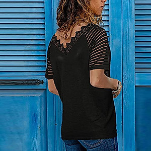 wodceeke Women's Lace V-neck T-shirt Sexy Solid Color Short Sleeve Tee Summer Casual Loose Tops (Purple, L)