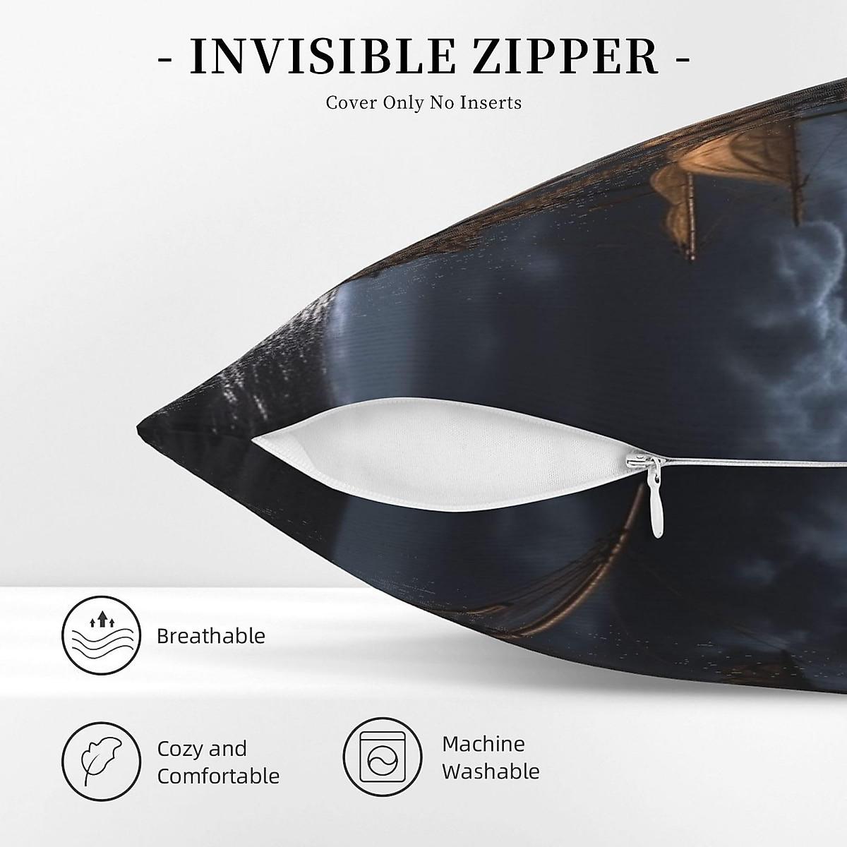 Pirate Sailboat Full Moon Print Throw Pillow Cover Corduroy Soft Pillowcase with Hidden Zipper Decorative Cushion Covers for Sofa Living Room Home Decors 16"X16"