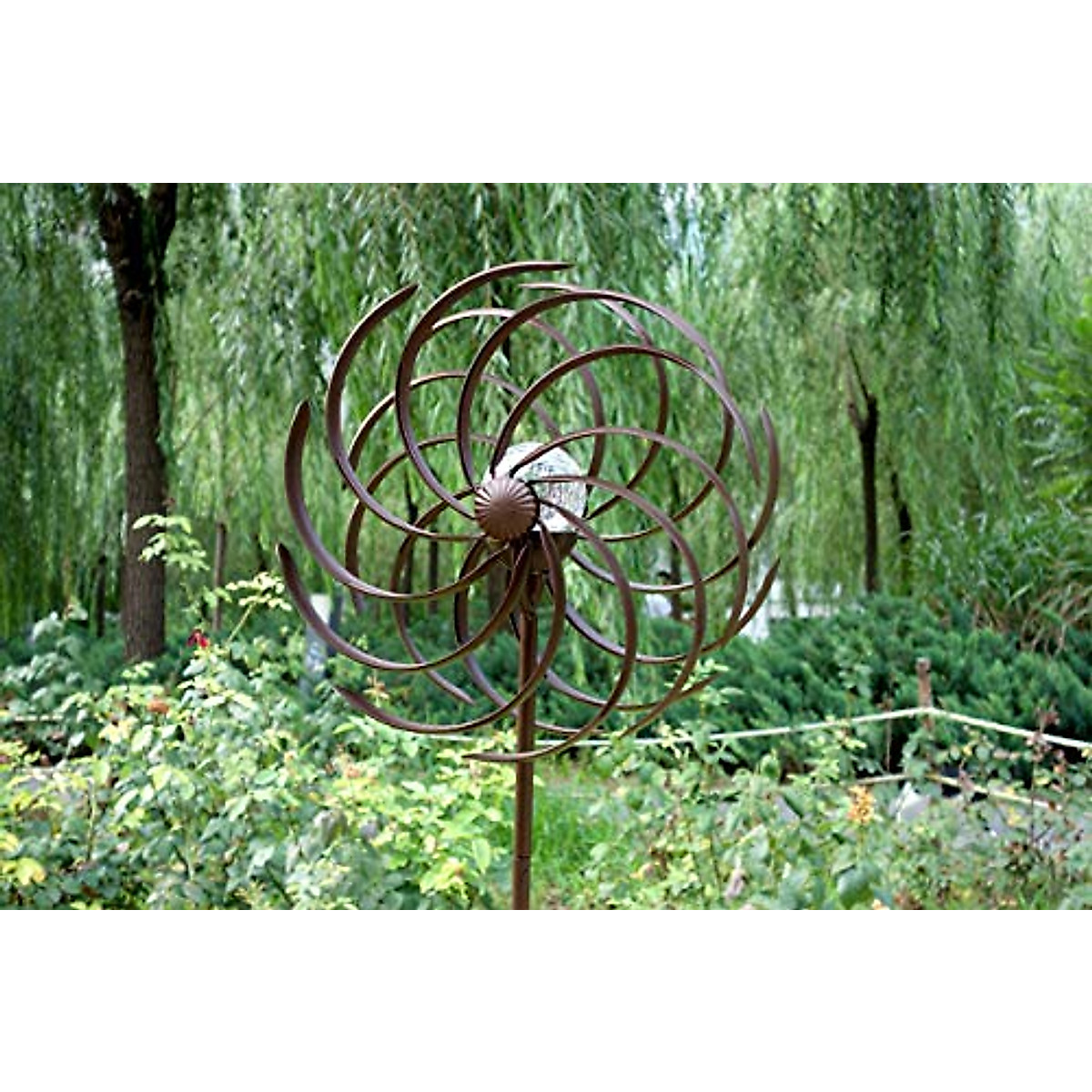 Solar Wind Spinner Willow Leaves-Improved 360 Degrees Swivel Multi-Color LED Lighting Solar Powered Glass Ball with Kinetic Wind Spinner-Metal Sculpture Construction-Outdoor Yard Lawn & Garden