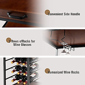 COSTWAY Kitchen Rolling Island Cart, with 9-Bottle Wine Racks & Glass Holders, Utility Beverage Cart Trolley with Lockable Wheels for Home Kitchen, Wooden and Metal Frame, Rustic Brown