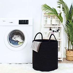 MINTWOOD Design Large 18 x 16 Inches Decorative Woven Cotton Rope Basket, Tall Laundry Basket Hamper, Blanket Basket for Living Room, Storage Baskets for Toys, Towel, Throw, Pillow, Full Black