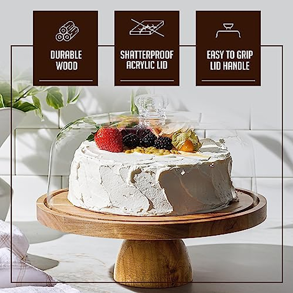 Cake Stand with Acrylic Dome Lid 2-in-1 Multifunctional Round Shatterproof Dessert Table Display Set with Acacia Wood Serving Platter, Veggie Tray, Fruit Bowl, Donut Stand, Nachos Plate by Homesphere