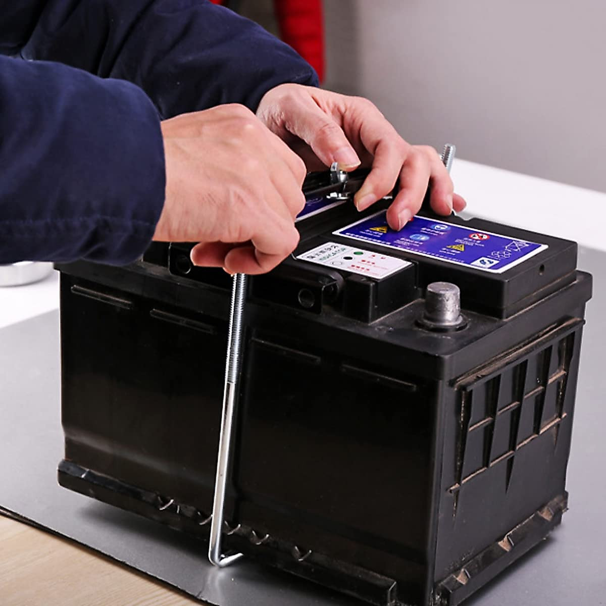 AUCELI Car Battery Hold Down Kit, Standard Storage Battery Bracket with Rods and Bolts, Adjustable Height Crossbar Battery Hold Down Tray Holder, Universal Auto Replacement Accessories