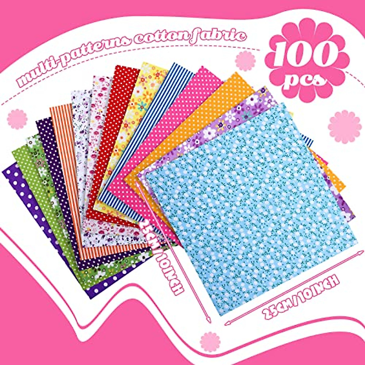 100 Pcs 10 x 10 Inches Cotton Fabric Square No Repeat Patchwork Fabrics Cotton Printed Craft Fabric Patchwork Bundles Quilting Fabric Craft for DIY Sewing Cloths Handmade Accessories (Floral)