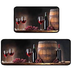 2 Piece Wine Kitchen Rug Set, 3D Wine Glasses Kitchen Rugs and Mats Non Skid Washable Absorbent Microfiber Kitchen Floor Decor Mat 17"x47"+17"x30"