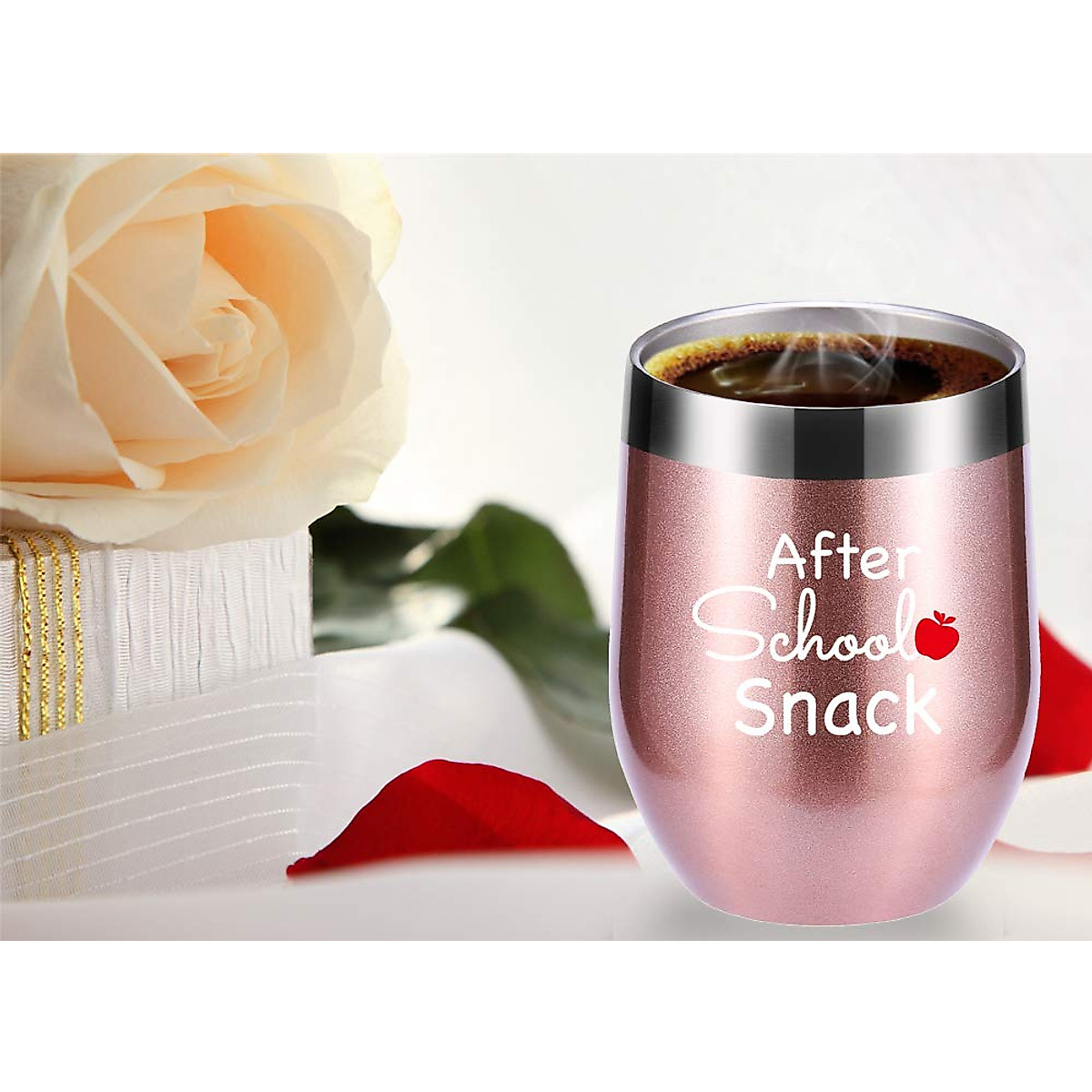 momocici Teacher Gifts.After School Snack 12 OZ Wine Glass Tumbler.Year End Graduation Gifts.Birthday,Christmas,Thank You Gifts for Teachers.Teacher Appreciation Gifts Mug(Rose Gold)