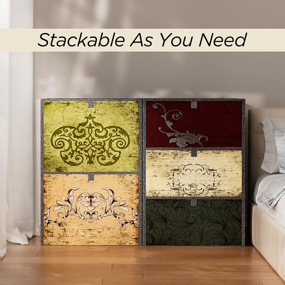 VASICAR 5 Pack Stackable Storage Boxes with Metal Frame & Pull-down Lid, Foldable Storage Cube Bins Shoe Containers Boxes for Bedroom, Pattern