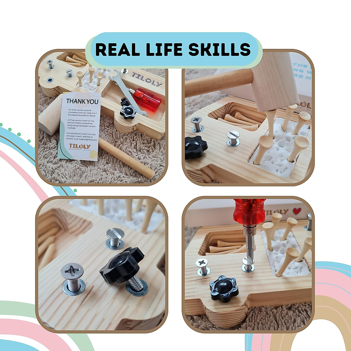 Montessori Toys for 3 Year Old and Up - Real Life Tools Wooden Toy Hammer & Screwdriver Board Set - Fine Motor Skills Toys for 3-5 Year Old Montessori Toys for 4 Year Old Busy Board for Toddlers 3-5
