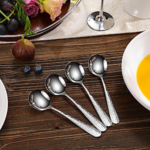 KEAWELL Premium 4-Piece Louise Hammered Spoons Set, 18/10 Stainless Steel, Set of 4, Fine Spoon Set with Round Edge, Dishwasher Safe (7" Soup Spoons)