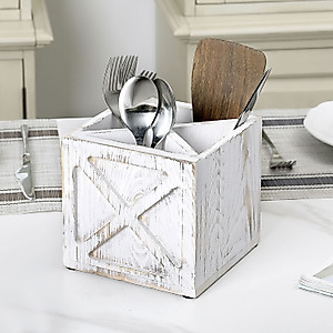 MyGift Whitewashed Solid Wood Kitchen Utensil Holder Crock Countertop Storage Organizer with 4 Compartments, Rustic Farmhouse Flatware Silverware Buffet Caddy