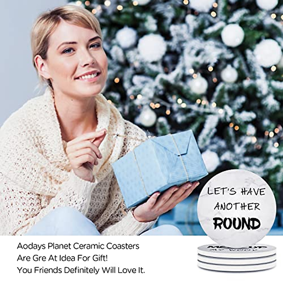 AODAYS Coasters for Drinks with Holder, White Marble-Style Absorbent Round Ceramic Drink Coaster, Bar Coaster with 6 Sayings, Set of 6 with Cork Base (Funny)