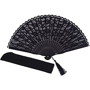 Womens Multi Color Handmade Cotton Lace Folding Hand Fan (Black-A) (Black)
