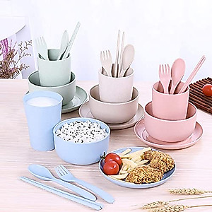 DeeCoo Wheat Straw Dinnerware Sets of 4 (24pcs), Unbreakable and Lightweight Serving Bowls, Cups, Plates, Chopsticks, Forks, Spoons Set, Microwave & Dishwasher Safe Dish Bowl for Kids or Picnics