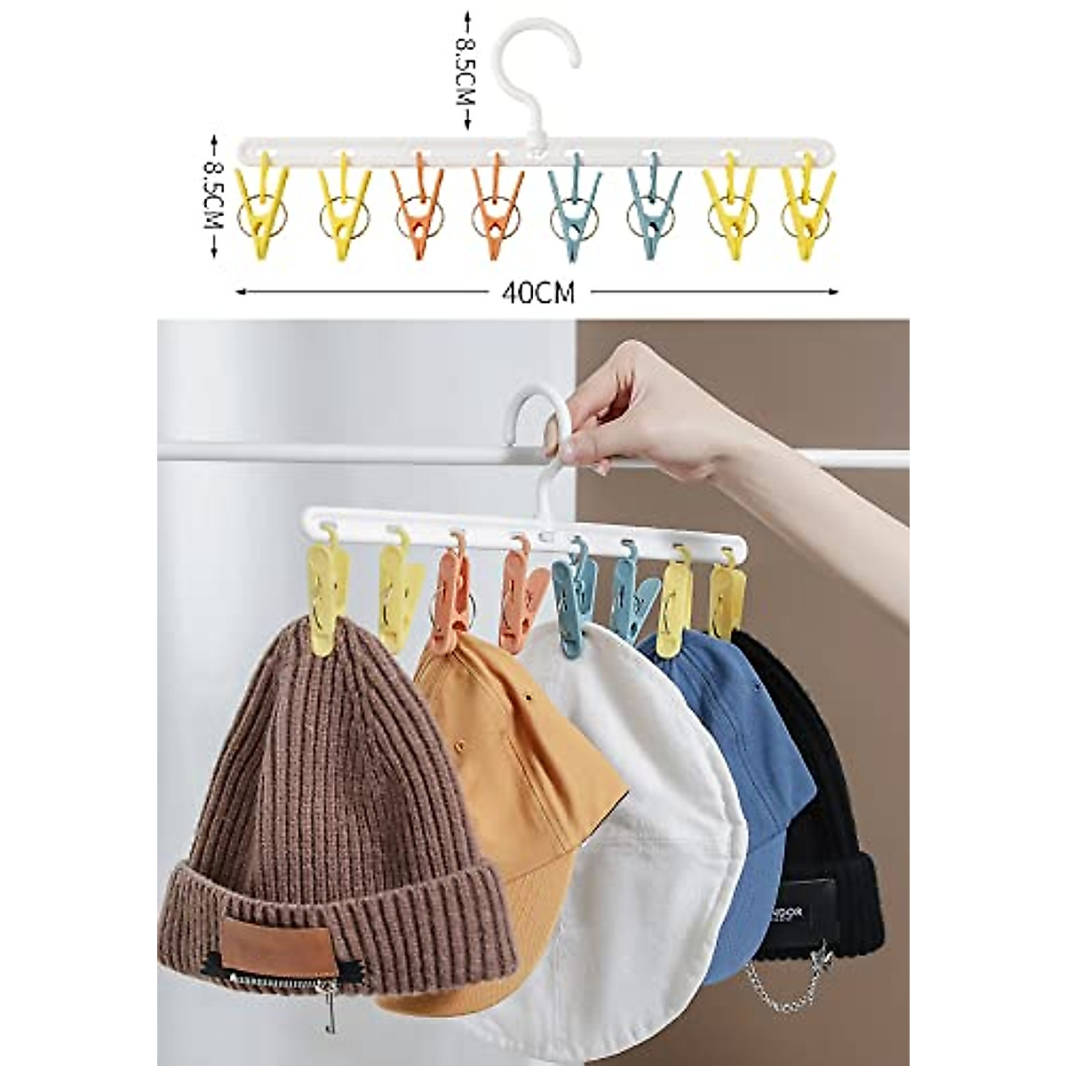 Durable Hanging Closet Organizer for Underwear Double Sided with Mesh Pockets& Hat Storage 8 Hat Storage Clips for Hat Rack for Baseball Caps Hat Organizer Holder (Gray&White, Bra&Hat Storage)