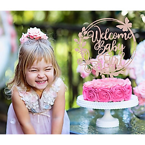 AHAORAY Welcome Baby Girl Cake Topper - Rose Gold Glitter Baby Shower Cake Decorations for Girl, Baby Girl Cake Topper, for Baby Shower/Baby Birthday Party/Baby Gender Reveal Party Photo Booth Props