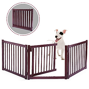 Pet Gate Wooden Dog Gate for Doorways, Stairs or House – Freestanding, Folding, Accordion Style, Wooden Indoor Dog Fence (24inch Height, Coffee Brown)