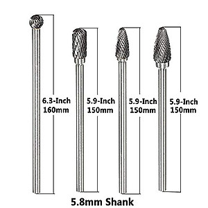 Yakamoz Set of 4Pcs 5.9-Inch Long Tungsten Steel Solid Carbide Rotary Burrs Set with 6mm Shank Fits Rotary Tool for Woodworking Drilling Carving Engraving