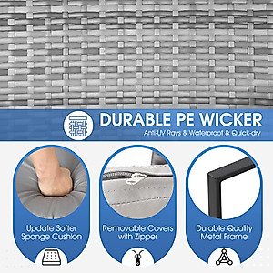 HYDRAGARDEN 3PCS Patio Furniture Set, Outdoor Wicker Bistro Conversation Set with Padded Cushions & Glass Table, Garden Rattan Chair Set for Porch Balcony Backyard (Plus Grey Wicker & Grey Cushions)