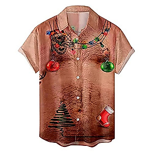 PARREN Novelty 3D Graphic Christmas Button Down Shirts for Mens Ugly Santa Reindeer Hawaiian Beach Holiday Bowling T-shirt Vintage Short Sleeve Slim Fit Lightweight Tee Tops